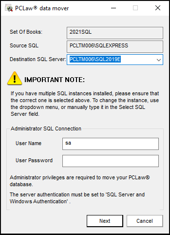 Moving the SQL Database Using the PCLaw Data Mover
