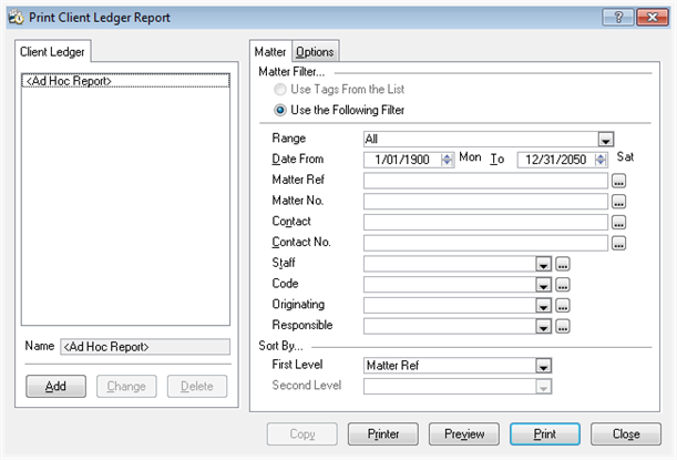 Print Client Ledger Reports