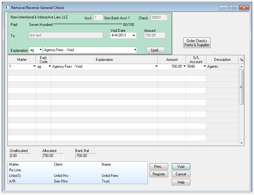 How to void a check in PCLaw