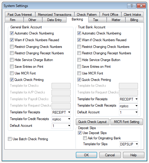 System Settings - Banking Tab